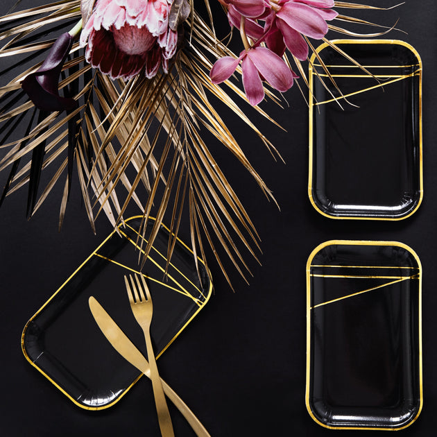Black & Gold Rectangular Plates (6 Pack) – Forever Party
